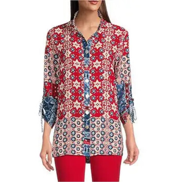 John Mark | Tops | John Mark Tile Print 34 Cinched Tie Cuff Tunic ...